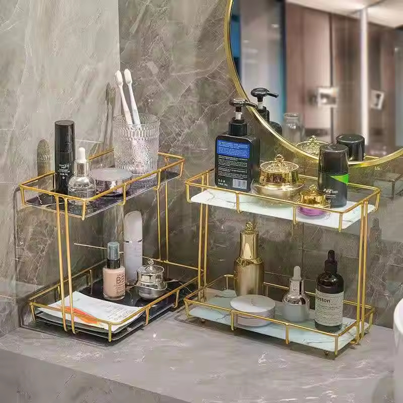 Buy 2 tier luxury metal tray for skin care and makeup product organizer ...